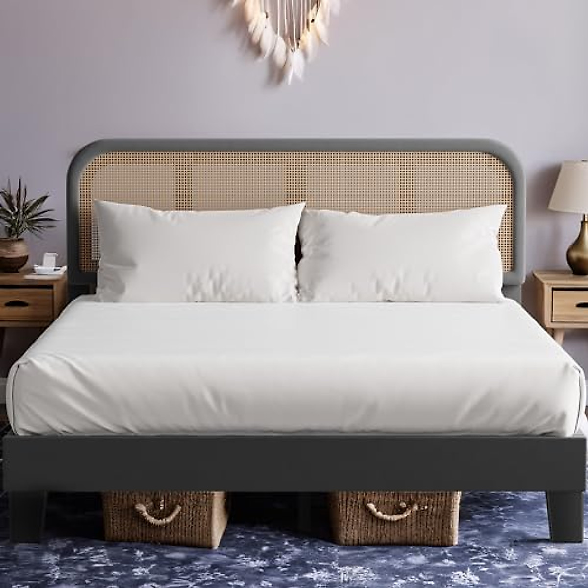 Lifezone Queen Bed Frame with Adjustable Rattan Headboard, Queen Size Bed Frame with Wood Slats Support, Safe Rounded Corner Design, Linen Fabric, High Feet, No Box Spring Needed, Light Grey
