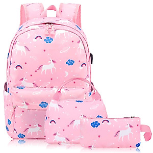 SCIONE Cute School Backpack for Girls, Teens School Bag with USB Charging Port Water-Resistant Pink Canvas Bookbag, Preschool Daypack Elementary BackBag, Back to Shool Supplies Gifts for Kids