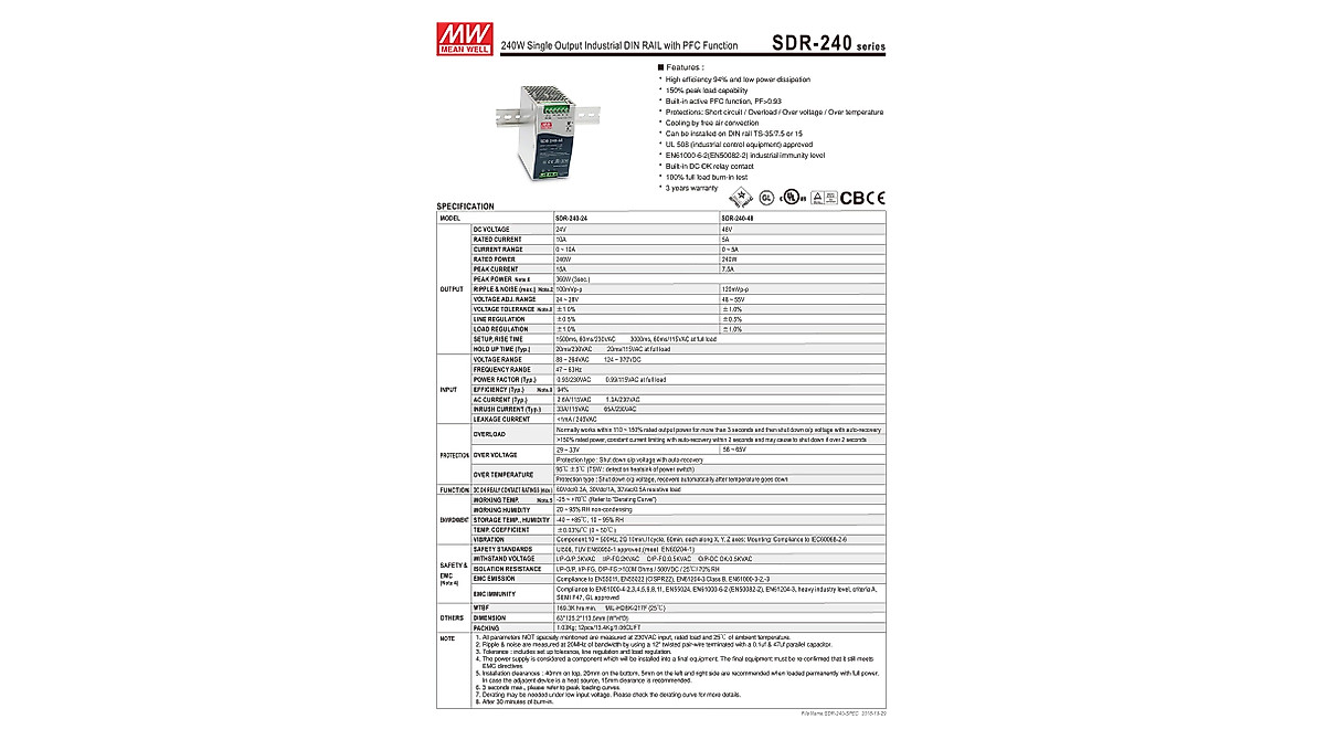 MW Mean Well SDR-240-48 Power Supply - 48V 5A Efficiency