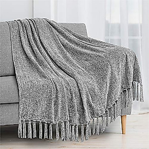 PAVILIA Chenille Tassel Fringe Throw Blanket | Velvety Textured Decorative Knit Throw for Sofa Couch Bed | Soft Boho Woven Cozy Lightweight Knitted Throw | Light Grey 50 x 60 Inches
