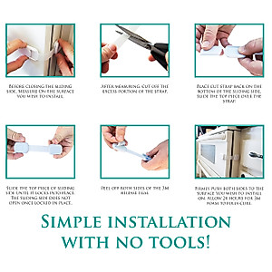 Baby Safety Locks | Child Proof Cabinets, Drawers, Appliances, Toilet Seat, Fridge and Oven | Tools Not Required | Uses 3M Adhesive with Adjustable Strap and Latch System (6-Pack, White)