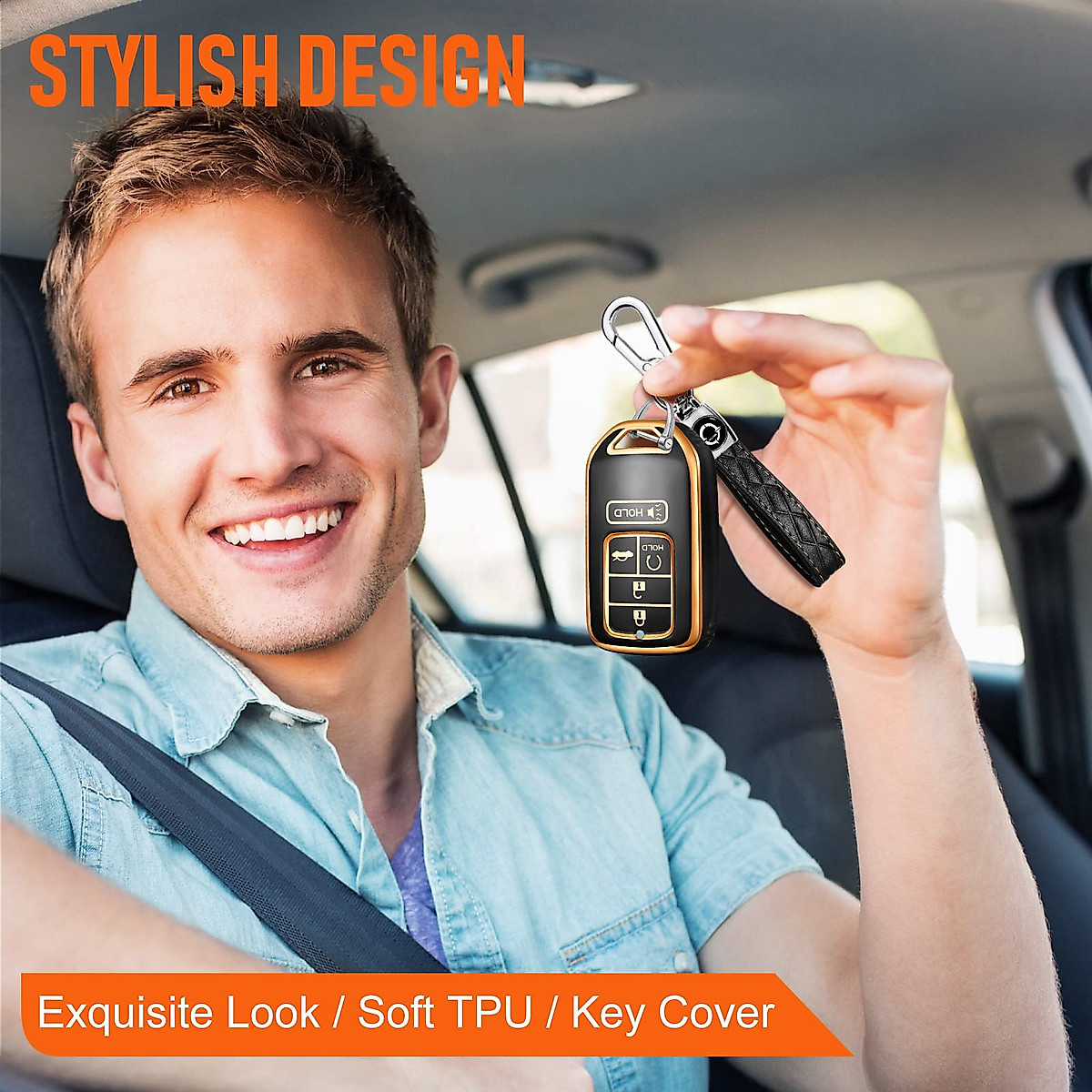 Toykee for Honda Key Fob Cover Keychain Accessories for Accord Civic CR-V CRV Pilot Passport HRV EX EX-L Touring Premium Odyssey 5 Buttons, TPU Case+D-Ring+Key Chain+Hook(Black)