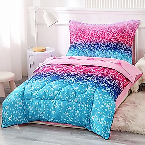 Wowelife 4 Piece Galaxy Toddler Bedding Sets Star Toddler Comforter Sets Pink Blue for Girls and Boys Gradient Glitter Comforter Sheet Set with Comforter, Fitted Sheet, Flat Sheet and Pillowcase