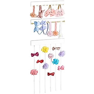 Mkono Hair Bows Holder Organizer for Girls, Headband Bow Rack with Golden Metal Bar and 10 Hooks, Set of 3 Wood Hair Clips Bow Storage Organizer for Girls Hair Accessories Organize