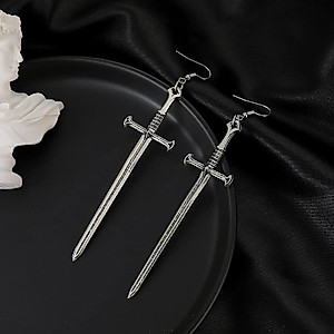 Fuqimanman2020 Unique Retro Gothic Long Sword Hook Earrings Vintage Silver Punk Style Knife Dangle Drop Earrings for Women