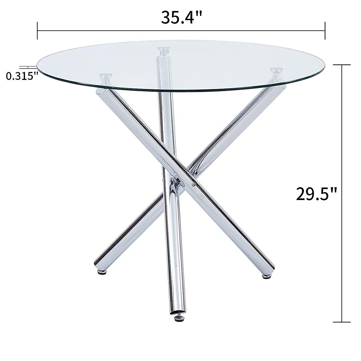 Modern Round Dining Table with Clear Tempered Glass Top, 3 Chrome Legs Kitchen Table for 2 or 4 Person,Round Dining Table Furniture for Home Office Kitchen Dining Room(W 35.4 x L 35.4 x H 29.5 inch)