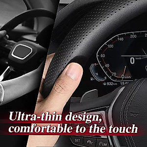 YOUDAXIN Nappa Leather Slim car Steering Wheel Cover, Comfortable, Non-Slip, Simple Perforated Design, Universal 15". Black