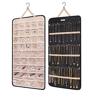 BAGSMART Hanging Jewelry Organizer Storage Roll with Hanger Metal Hooks Double-Sided Jewelry Holder for Earrings, Necklaces, Rings on Closet, Wall, Door, 1 piece, Extra Large, Black