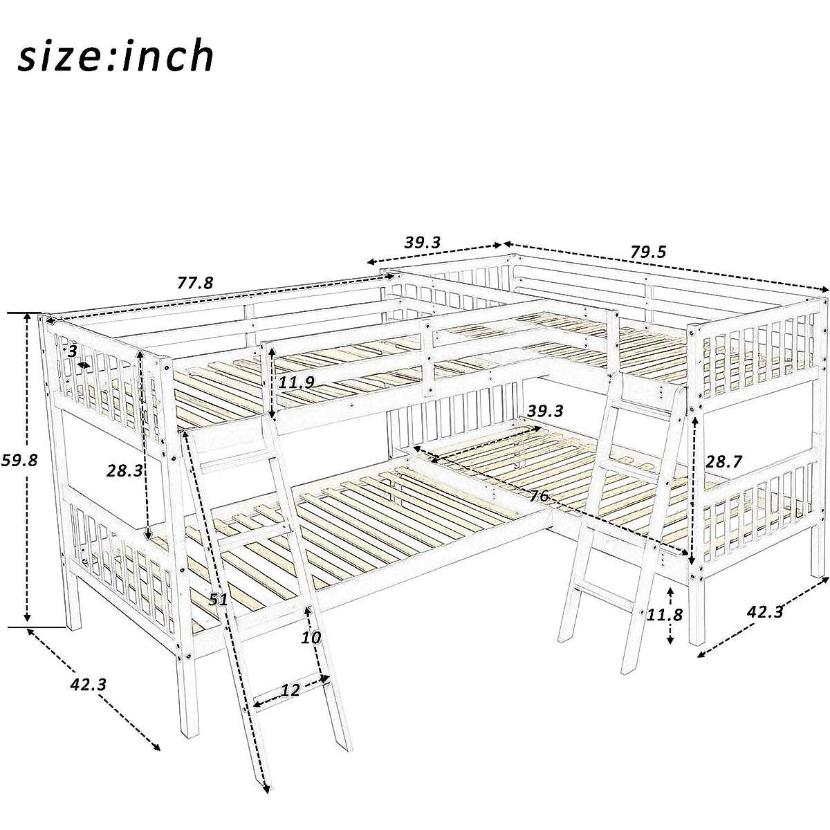 MERITLINE L-Shaped Quad Bunk Bed, Four Bunk Bed Twin Over Twin with Angle Ladder,Wooden Corner 4 Bed Bunk Bed for Kids, Teens, Adults, No Box Spring Needed (Twin, Grey)