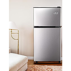 KRIB BLING 3.5 Cu.Ft Mini Fridge,Small Refrigerator 7 Level Adjustable Thermostat Removable Shelves with Stainless Steel 2 door for Office Dorm Apartment Silver