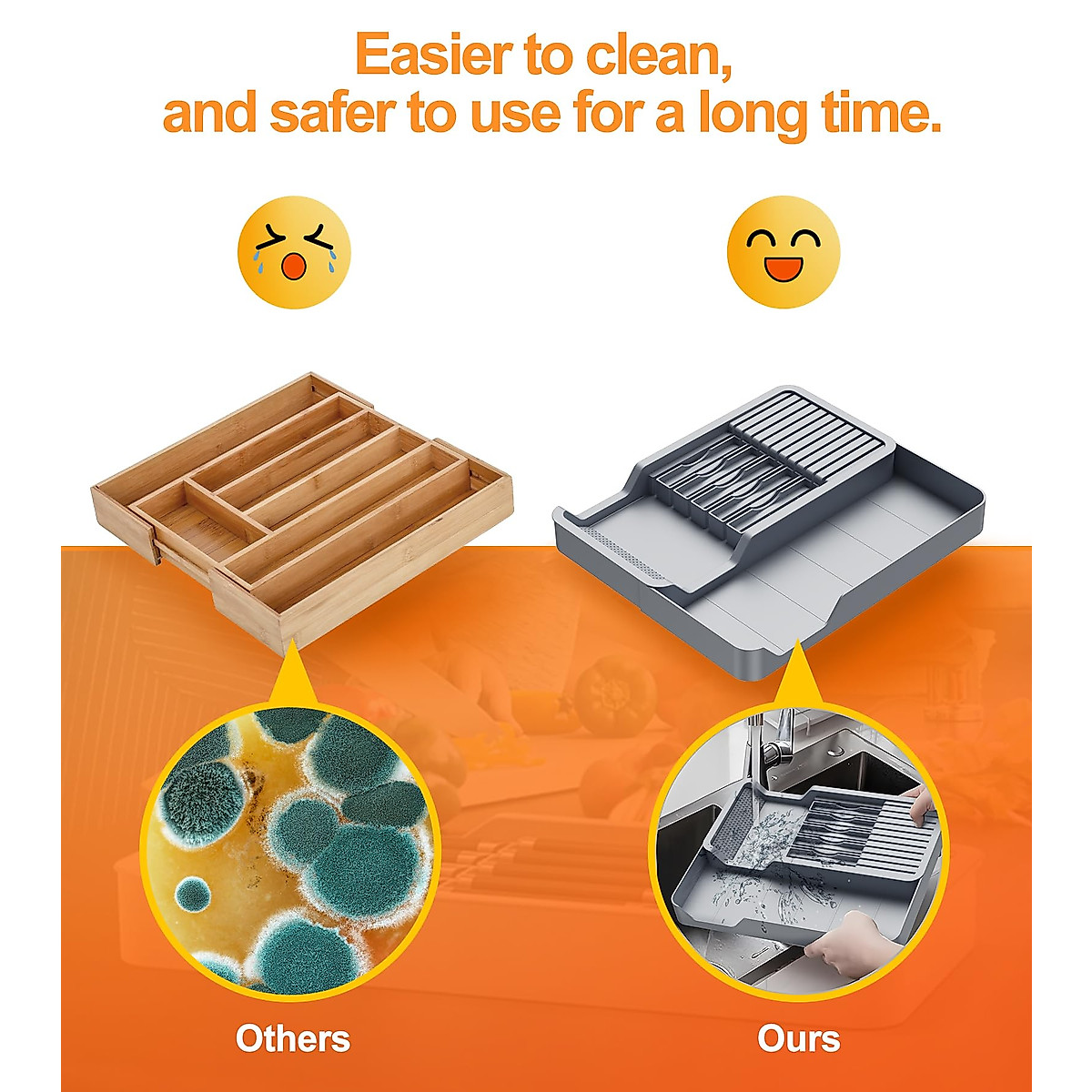 RISHTEN Kitchen Knife Drawer Organizer Grey, In Drawer Knife Block Holder with Expandable Cutlery Tray Compact Organization Drawer Storage Holds Up To 11 Knives (Including Hooks&Sponges)