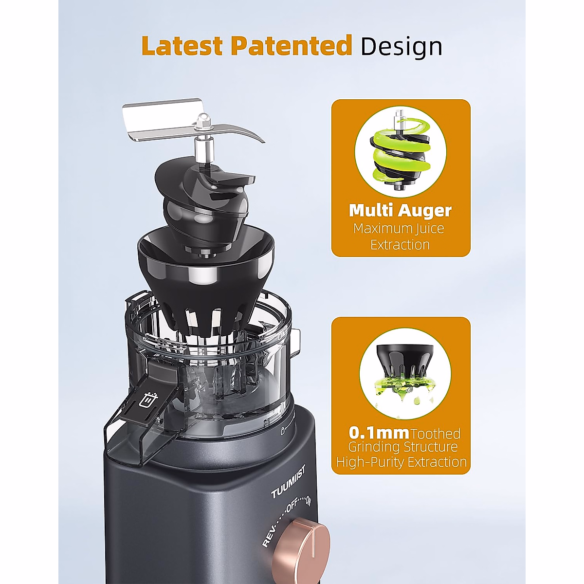 Juicer Machines, TUUMIIST Cold Press Juicer with 4.25'' Large Feed Chute Fit Whole Vegetable And Fruit, Masticating Juicer Easy To Clean, Gun Grey