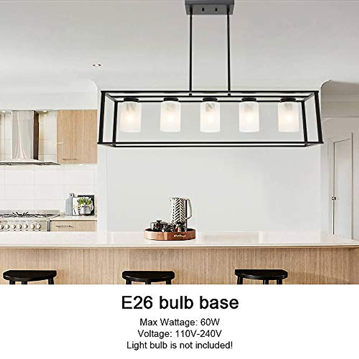 VINLUZ 5 Light Kitchen Island Chandeliers Farmhouse Black Linear Dining Rooms Lighting Fixtures Hanging with White Alabaster Glass Shade Rectangle Modern Industrial Pendant Ceiling Lights