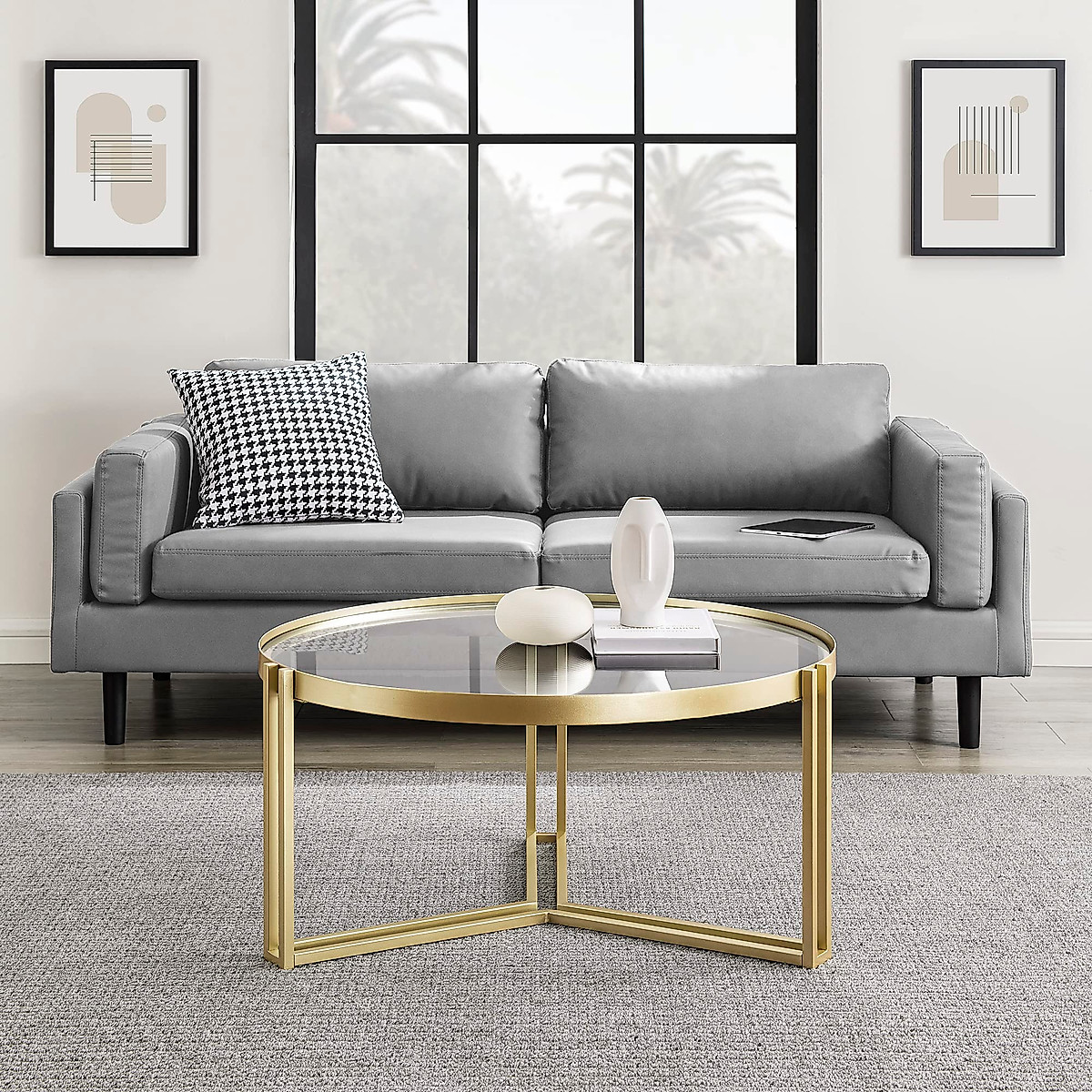Walker Edison Taylee Contemporary Metal and Glass Coffee Table, 33 Inch, Gold