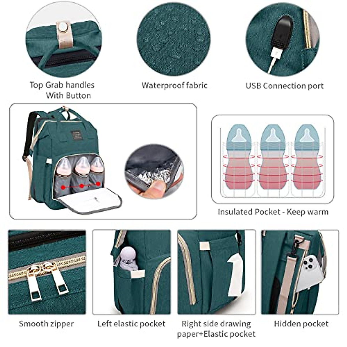 Baby Diaper Bag Backpack with Changing Station, Baby Registry Search Shower Gifts, Baby Bags for Boy Girl, New Mom Gifts for Women, Large Capacity, USB Port,Green