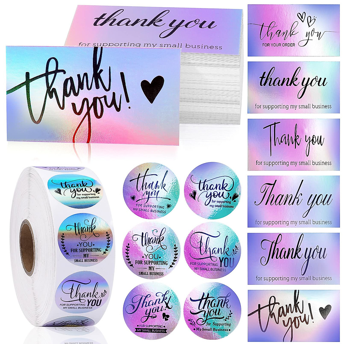 1120 Pcs Thank You Cards and Stickers Set,Include 1000Pcs 1.5inch Thank You For Supporting My Small Business Stickers,120Pcs Thank You Cards,Thank You Cards Stickers Roll Set for Envelope Retail Store