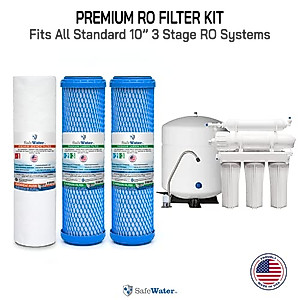 SafeWater RO Essentials Kit: (2) Premium Carbon Block Filters & (1) Premium Sediment Filter- Made in U.S.A & NSF Certified to Reduce Fines, Sediment, Chlorine, Taste, Odor, and Harsh Chemicals.