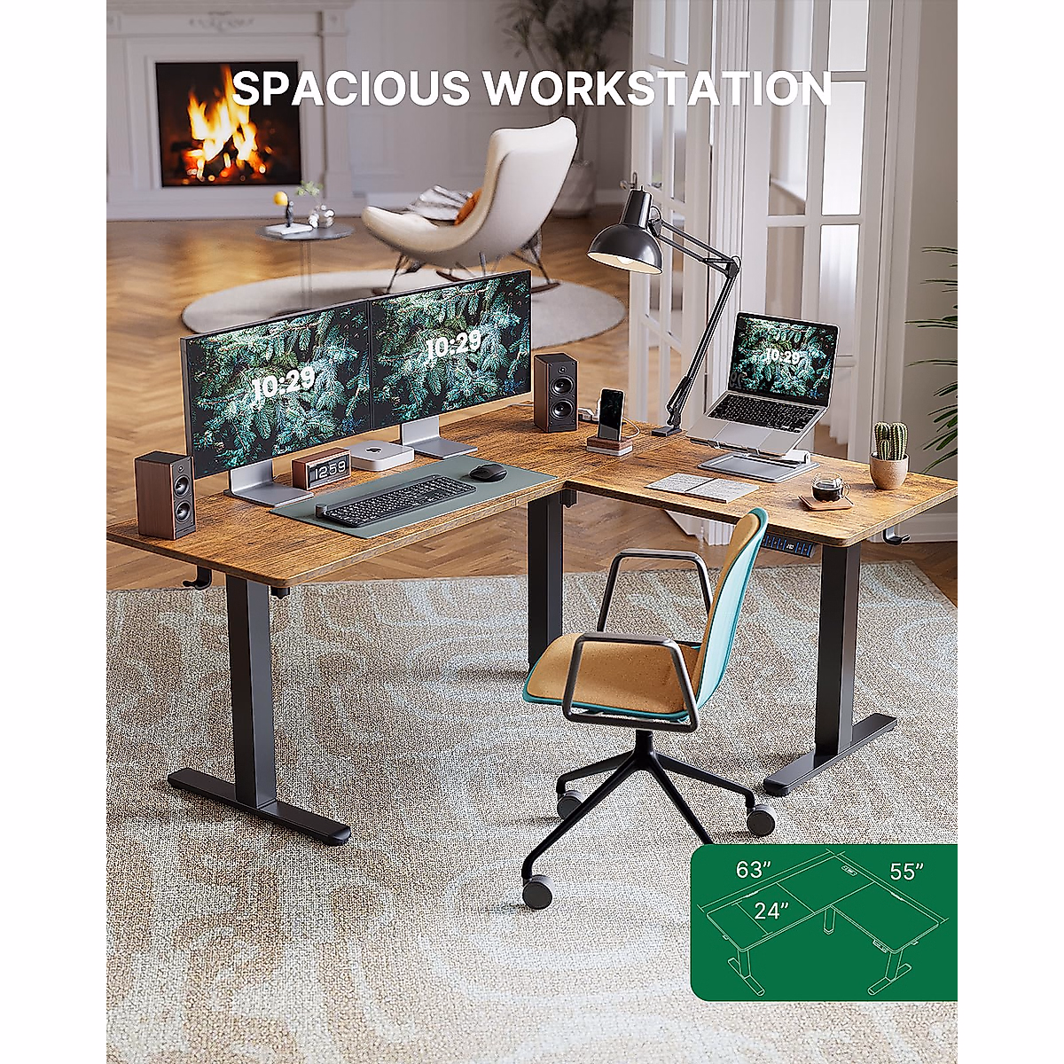 Marsail Standing Desk Adjustable Height with 4-in 1 Electical Outlet, L Shaped Electric Standing Desk with Headphone Hook, Stand up Desk for Home Office Sturdy Writing Workstation, Rustic