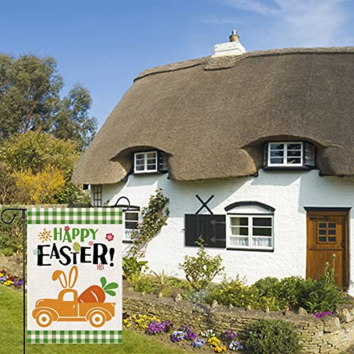 Happy Easter Truck Garden Flag, Spring Vertical Double Sized Burlap Flag for House Yard Outdoor Decor 12.5 x 18 Inch