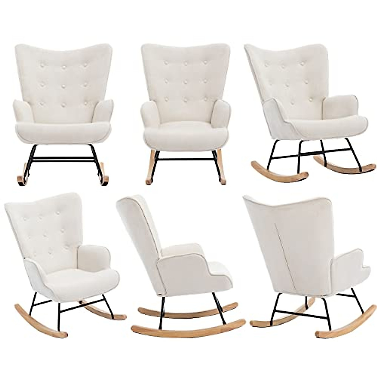 Wahson Glider Rocking Armchair with Tufted High Wingback Chenille Leisure Rocker Recliner Chair with Upholstered Comfy Cushion for Nursery/Indoor/Living Room/Bedroom, Beige