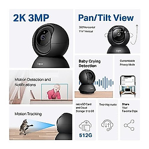 Tapo TP-Link 2K Pan/Tilt Indoor Security Camera for Baby Monitor, Pet Camera | Motion Detection & Tracking | 2-Way Audio | Cloud & SD Card Storage | Works w/Alexa & Google Home | Black C211