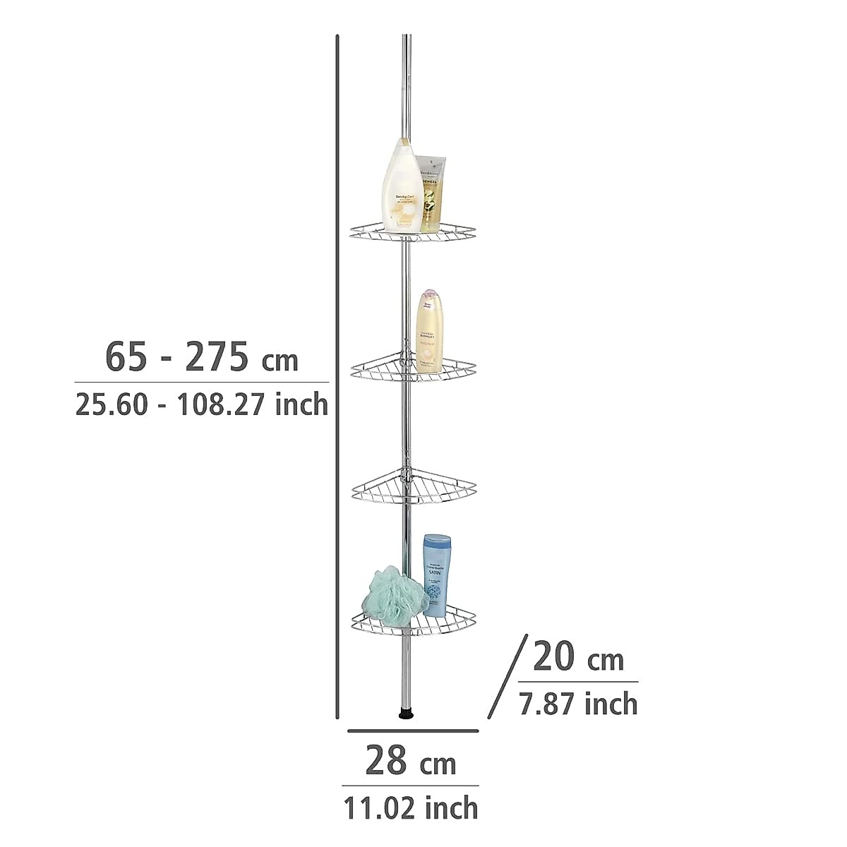 Bathroom Shelf Organizer for Shower Storage, Shower Caddy Tension Pole With 4 Storage Baskets, Stainless Steel, Silver, Dimensions 11 x 108 x 7.8 in
