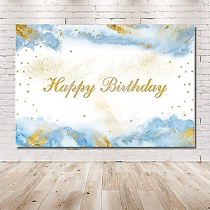 MEHOFOND 7x5ft Happy Birthday Backdrop Boys 1st Birthday Party Decorations Light Blue Watercolor Clouds Photography Background Gold Glitter Pastel Rainbow Bday Banner Cake Smash Table Supplies