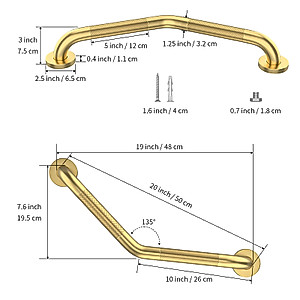 20 Inch Angled Grab Bar 4 Pack, YuanDe Brushed Gold Bathroom Grab Bar Handle w/Anti-Slip Knurled Grip, Stainless Steel Bath Balance Bar, 1.25" Tube Safety Hand Rail Support,Handicap Elderly Senior