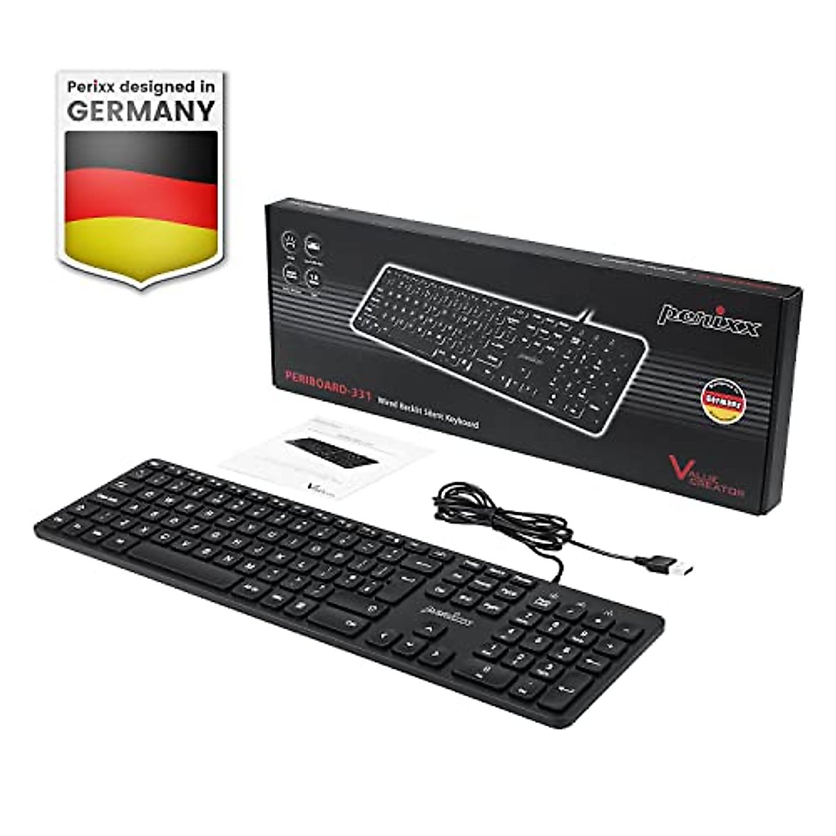 Perixx PERIBOARD-331 Wired Backlit USB Keyboard, Slim Design with Big Font Keys, White Illuminated LED, US English Layout