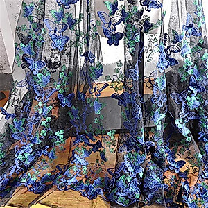 51" Width 3D Butterfly Floral Flower Embroidered Tulle Lace Fabric Mesh Lace Fabric by The Yard for DIY Handmade Clothing Wedding Dress Home Decor (3 Yard, Black Blue)