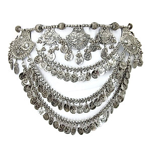 Womens Fashion Beaded Belt with ties | Metal Coin Medallion Silver Plated Antique Vintage Finish | Tribal Fusion Belly Dance Festival Boho Gypsy Hippie Kuchi Hip Waist Body Jewelry | Original Design