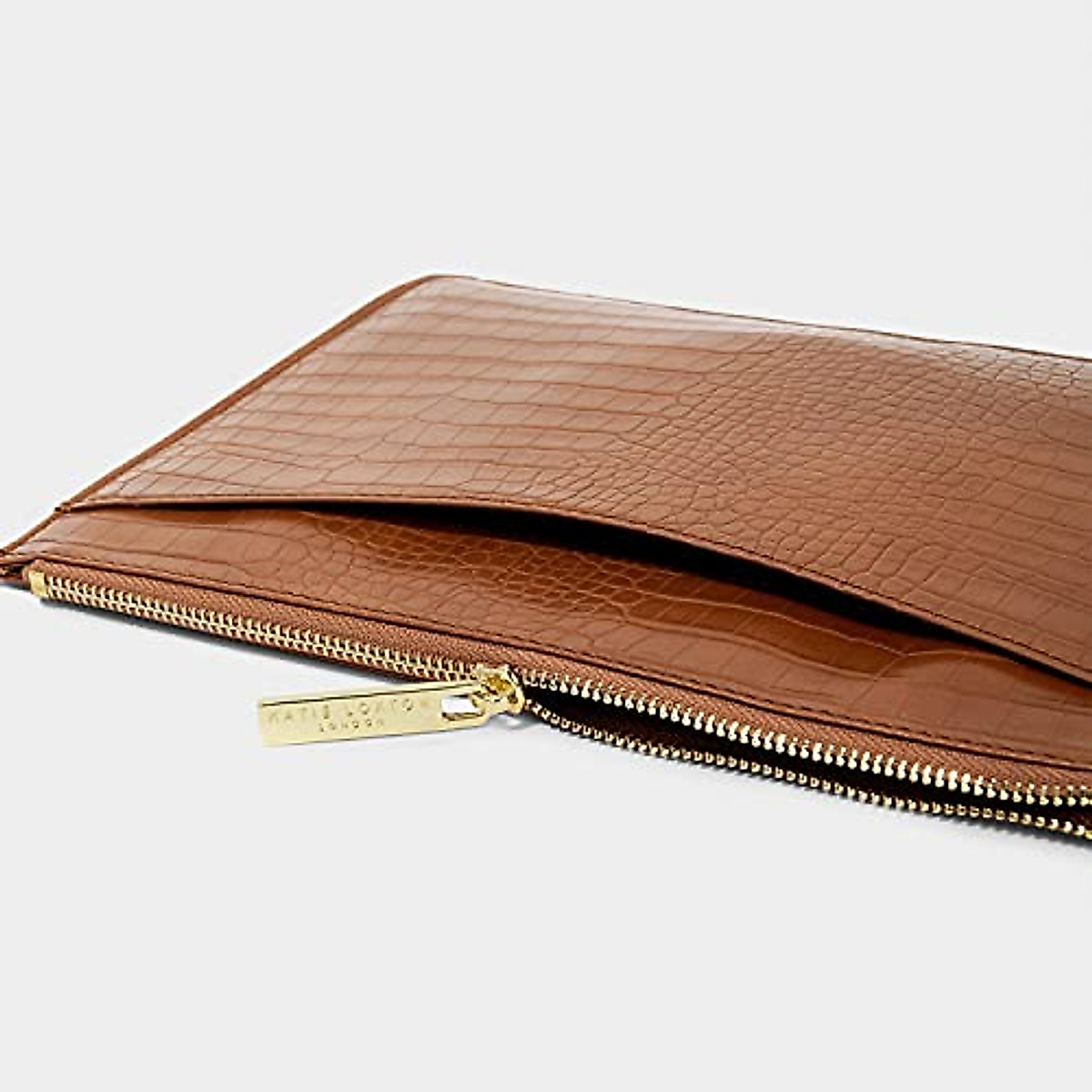 KATIE LOXTON Cara Faux Crocodile Womens Medium Vegan Leather Slip Pocket Clutch Pouch Cognac