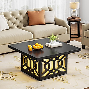 Tribesigns Coffee Table with LED Lights, Modern Square Cocktail Table with Storage, Center Table Living Room Furniture, Black