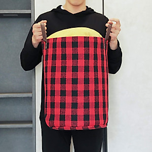 17.7" Large Collapsible Storage Basket with Leather Handles, Red Buffalo Plaid Woolen Fabric Foldable Tote Bags Round Home Decorative Organizer Bin