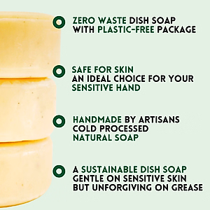 Zero Waste Natural Dish Soap Bar (Pack of 3 Bars) - Solid Vegan Dishwashing Block - Cold Processed, Eco Friendly Plastic Free Packaging with Sustainable Organic Ingredients for Kitchen