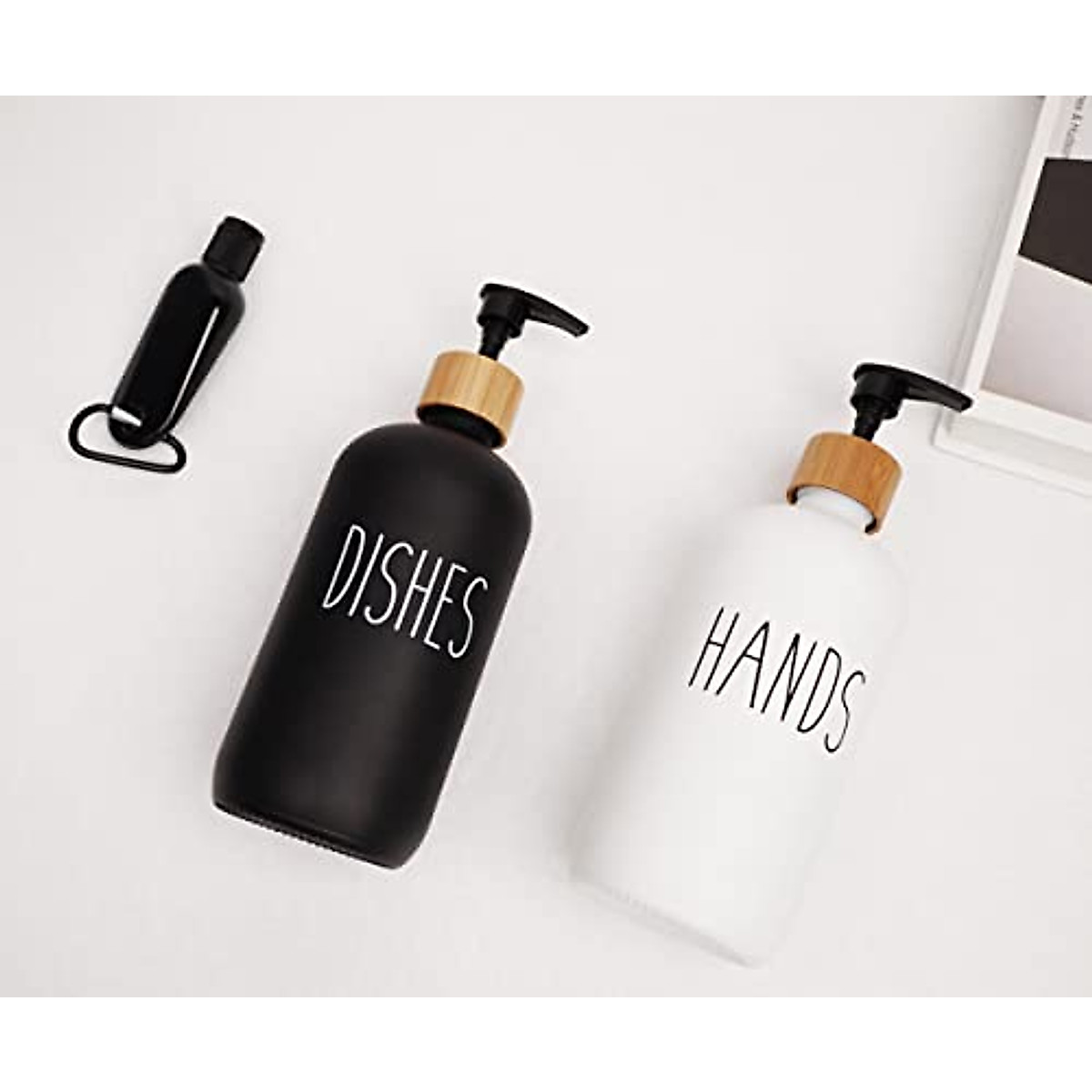 VICUKIE Dish Soap Dispenser, Contains Glass Hand Soap Dispenser and Dish Soap Dispenser, Kitchen Soap Dispenser Set, Matte Black and White, Farmhouse Kitchen Decor，Newly Updated (Black and White)