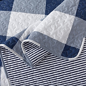 Soul & Lane Checks and Stripes Quilts Set - King Size with 2 Shams, Blue and White Buffalo Plaid Quilted Bedspread, Lightweight Navy Checkered Gingham Bedding, Cozy Lodge-Style Check Design