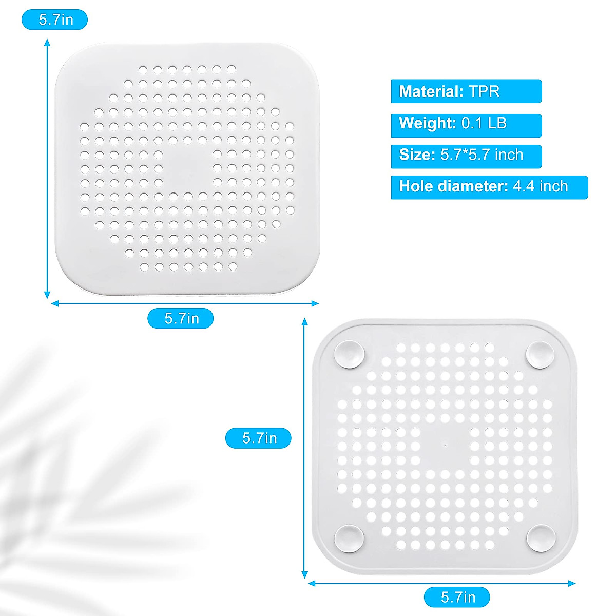 TIONTURE 2 Pack Shower Drain Square Hair Catcher Shower Drain with Suction Cup Hair Stopper for Shower Drain Bathroom Hair Catcher for Bathtub Filter Shower Drain Protection Flat Strainer (Grey White)