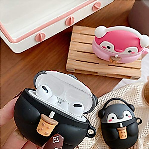 LUCKESSA Cute Kawaii Holding Milk Tea Cup Enjoying Music Headset Penguin Earphone Case for AirPods Pro, Soft Rubber Silicone Strong Protection Wireless Charging Earbud Cover Protective Skin -Black