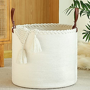 KAKAMAY Large Cotton Rope Blanket Basket (20"x13"),Woven Baby Laundry Hamper，Blanket Basket for Nursery, Laundry, Living Room, Pillows, Toys （White/Beige）