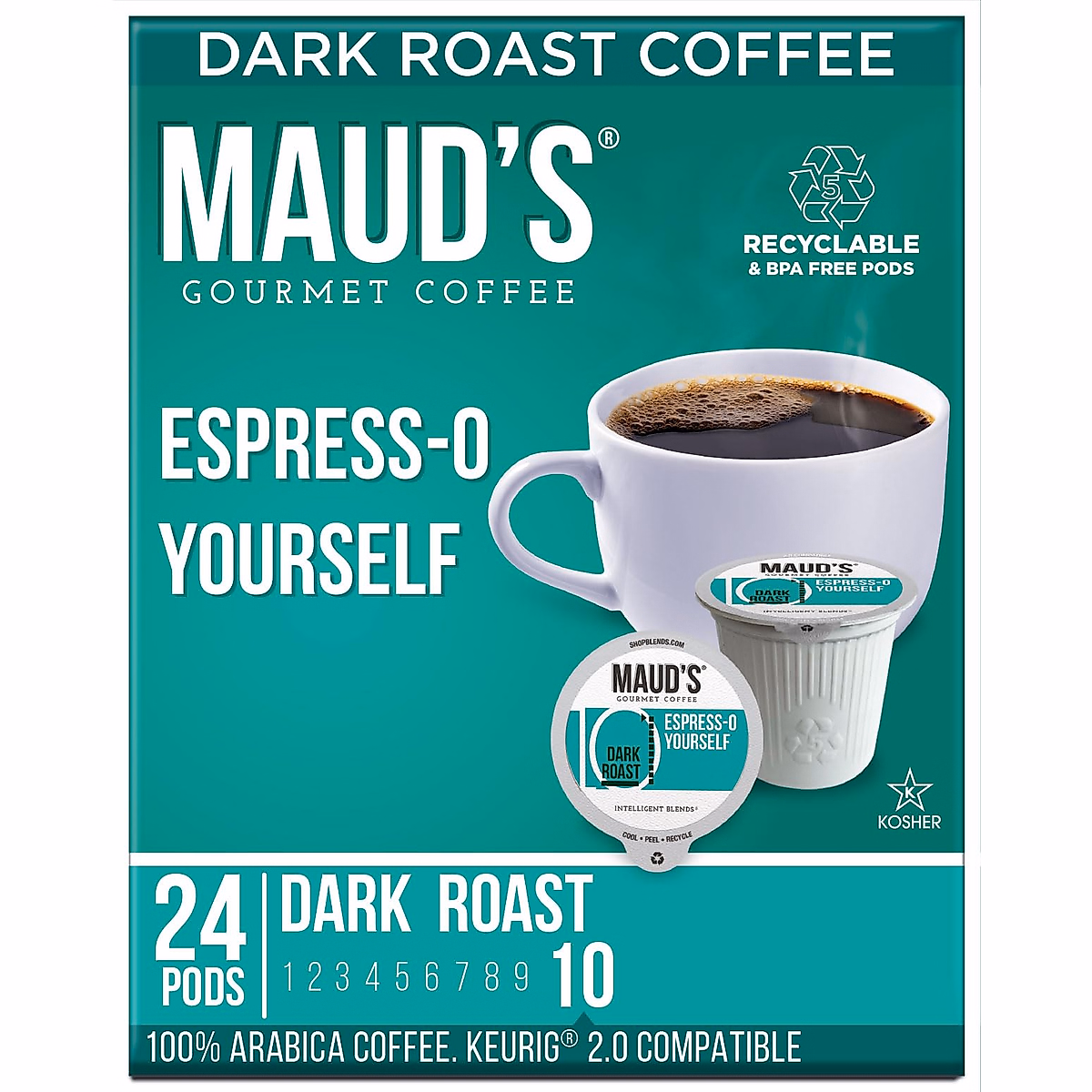 Maud's Espresso Dark Roast Coffee Pods, 24 ct | Espress-O Yourself Coffee | 100% Arabica Dark Roast Coffee | Solar Energy Produced Recyclable Pods Compatible with Keurig K Cups Maker