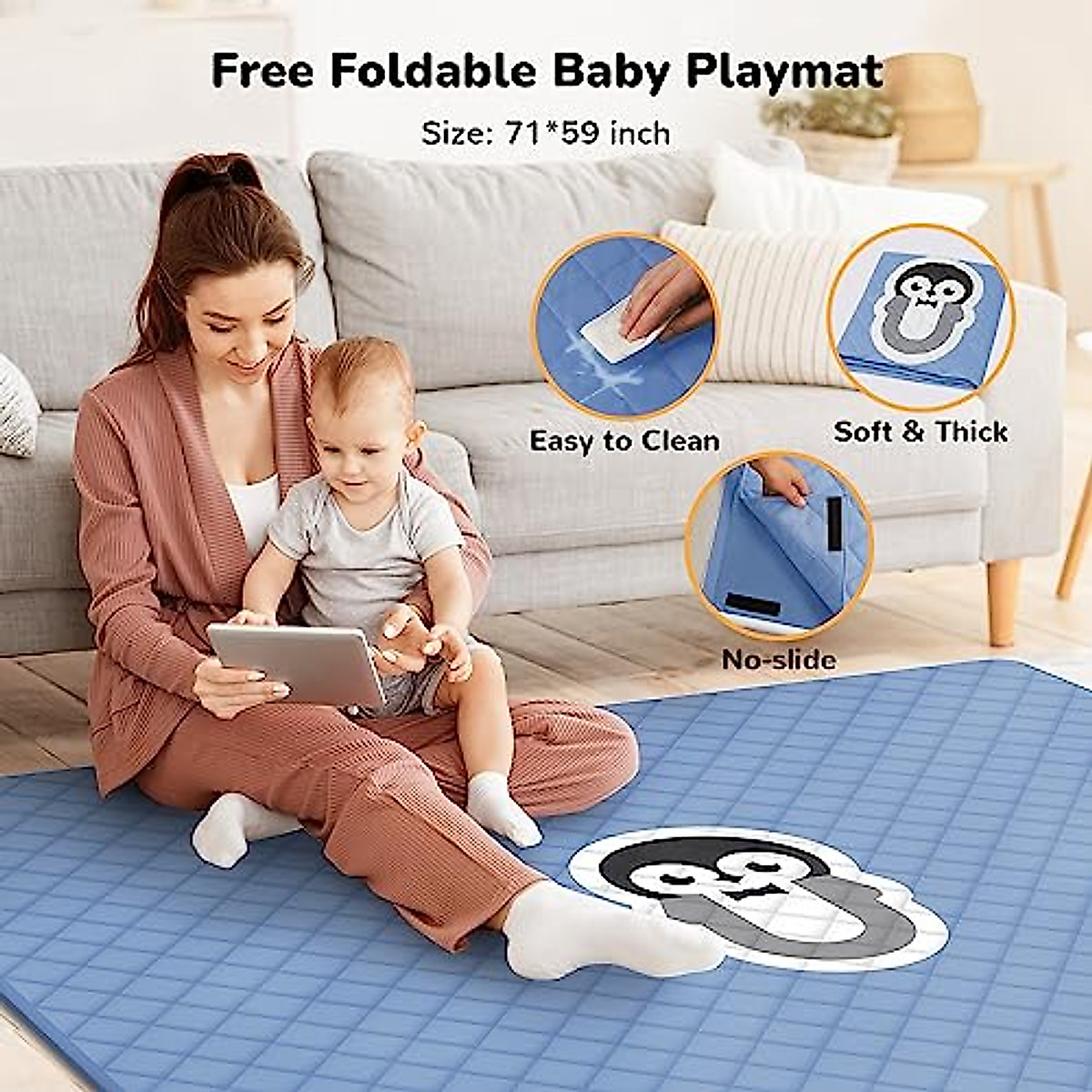 Baby Playpen for Babies and Toddlers, 71 x 59 inch Playpen with Mat, Unique Little Penguin Character Design, Soft Breathable Mesh Baby Play Yard for Indoor & Outdoor Family Time (Blue with Mat)