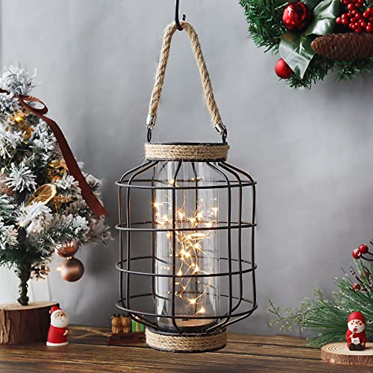 JHY DESIGN Metal Cage LED Lantern Battery Powered,9.4" Tall Cordless Accent Light with 20pcs Fairy Lights Christmas Lights for Weddings Parties Patio Events Indoors Outdoors