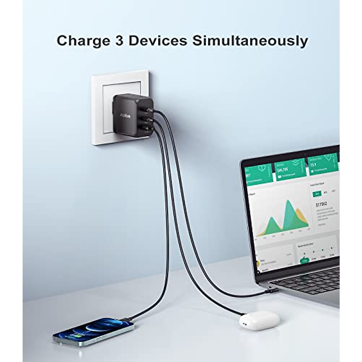 Aiibe USB C Charger 65W 3-Port PD 3.0 Fast Charger 65W GaN Wall Charger USB C Charger Block Type-C Foldable Adapter for MacBook Pro/Air, iPad Pro, iPhone 15/14/Pro, Galaxy S23 S22, Dell XPS13, Laptops