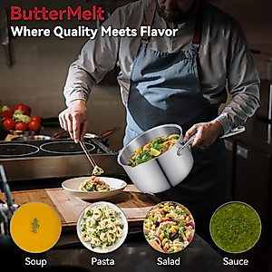 Buttermelt 2.5 Quart Stainless Steel Saucepan with Steamer Basket, Tri-ply Full Body, Multipurpose Sauce Pot with Two-Size Drainage Holes Lid, Perfect For Boiling Gravies, Pasta, Noodles
