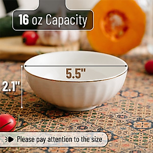 BTaT- White Porcelain Bowls with Gold Trim, 16 Ounces, Set of 6, White Bowls Set of 6, White Cereal Bowls, White Salad Bowls, Porcelain Cereal Bowls, Porcelain Soup Bowls, Deep Bowls