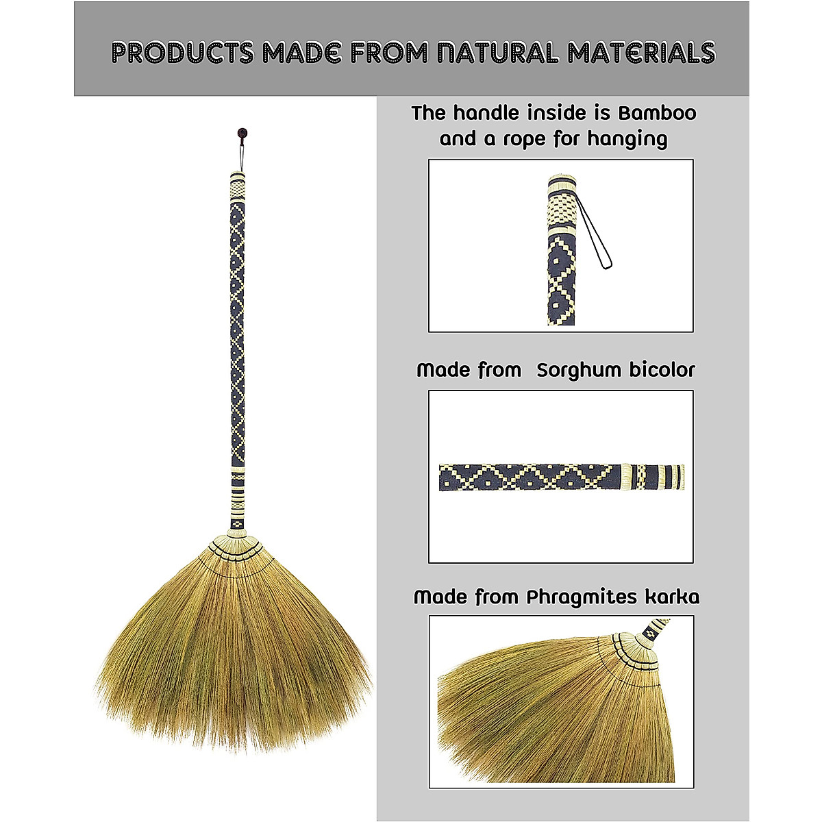 Natural Grass Thai Broom Indoor Outdoor, Vintage Retro Embroidered Woven Nylon,Handmade Broom,Housewarming Gift Witch Broom, Broomstick Bamboo Stick Handle,Kong Grass Broom,Durable Broom(Black)