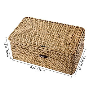 DECHOUS Storage Bins with Lids, Wicker Baskets with Lid Seaweed Woven Basket Straw Basket with Lids Desktop Storage Box Containers Storage Basket Size M