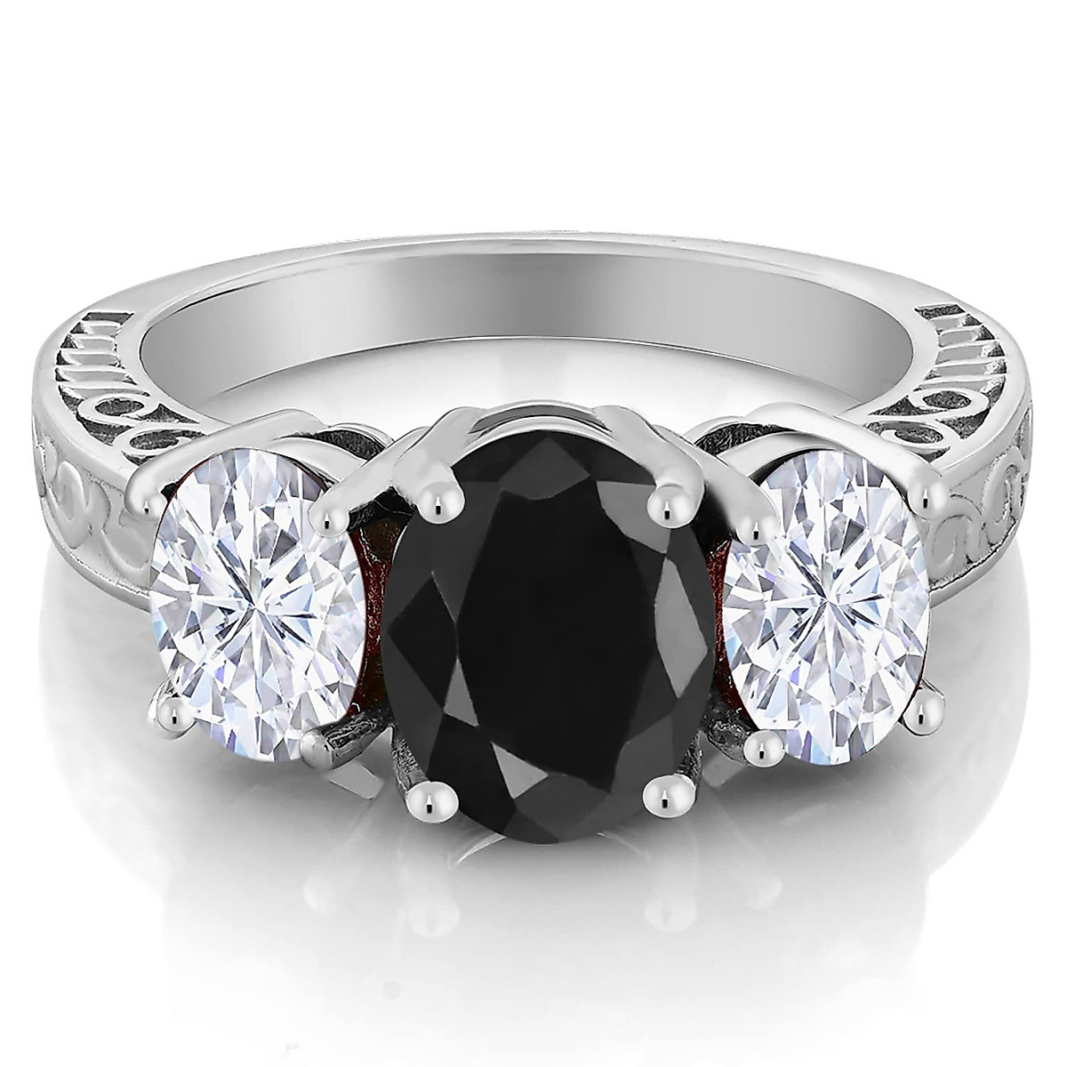 Gem Stone King 925 Sterling Silver Oval Black Sapphire and White Moissanite 3-Stone Women Ring (4.30 Cttw, Available In Size 5, 6, 7, 8, 9)