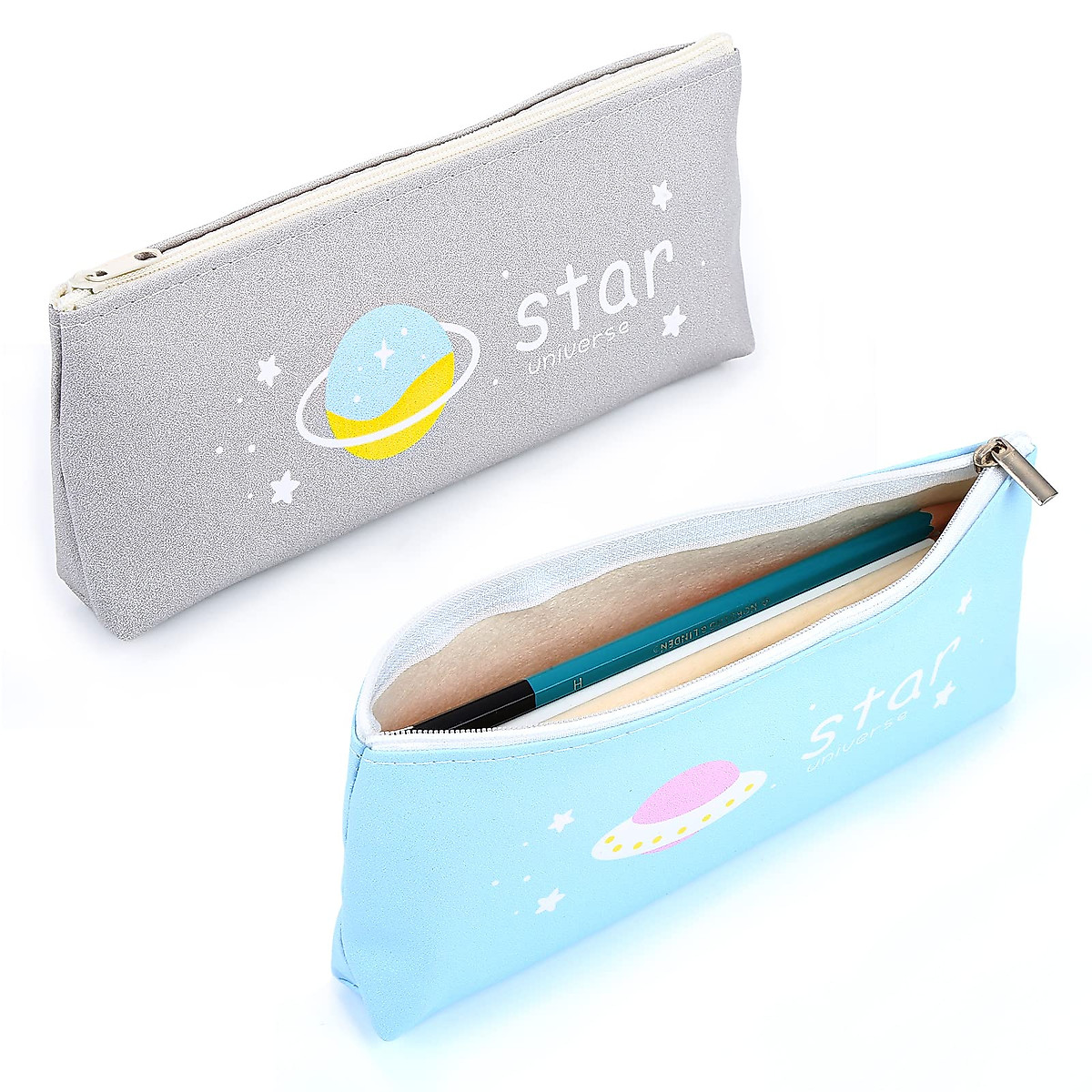 TIESOME 2Pcs Small Pencil Case, Cute Slim Design Leather Pencil Case Pouch Bag with Zipper Stationery Bag Portable Cosmetic Bag for Pen Pencils Markers(Gray+Blue)